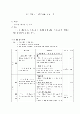 <청소년기 부모교육 프로그램> 대상 : 중학생 자녀를 둔 부모 / 목적 : 자녀를 이해하고, 의사소통과 여가활동에 대한 프로그램을 통하여 가족친밀도에 도움을 준다 - 나를 알아보자!, 자녀이해, 의사소통, 여가활동-1페이지