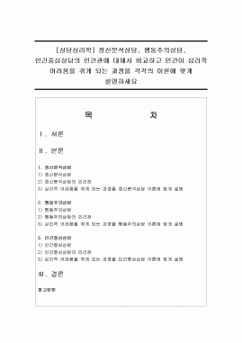 [상담심리학] 정신분석상담,  행동주의상담,  인간중심상담의 인간관에 대해서 비교하고 인간이 심리적 어려움을 겪게 되는 과정을 각각의 이론에 맞게 설명하세요-1페이지