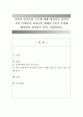 가족의 의사소통 구조에 대해 제시하고 자신의 가족 안에서의 의사소통 형태를 5가지 모형에 대입하여 진단하고 분석, 설명하시오. - 가족관 위기요소, 가족 안에서의 의사소통 5가지 형태 모형 및 가족 사례 분석-1페이지