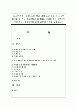 [노인복지론] 우리나라의 여러 가지 노인 문제 중 자신이 생각할 때 가장 중요하다고 생각하는 문제를 하나 선택하여 선택 이유,  해결방안에 대한 자신의 견해를 서술하시오-1페이지