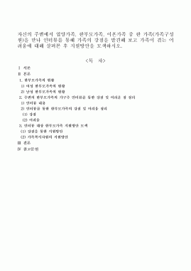 (한부모가족) 자신의 주변에서 입양가족,  한부모가족,  이혼가족 중 한 가족(가족구성원)을 만나 인터뷰를 통해 가족의 강점을 발견해 보고 가족이 겪는 어려움에 대해 살펴본 후 지원방안을 모색하시오.-1페이지