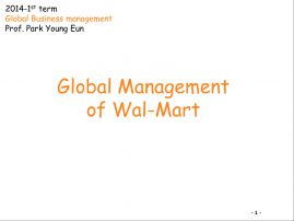 (영어,영문) Global Management of Wal-Mart(월마트의 글로벌 경영) (월마트 분석, SWOT 분석, 5 Forces, 리스크 및 전략, 경쟁 우위).pptx-1페이지