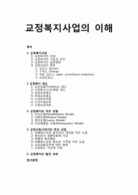 [사회복지개론] 교정복지사업(矯正福祉事業)의 이해 - 교정복지사업의 개념과 기능 및 종류, 교정복지제도, 교정복지의 처우모형, 교정사회사업가의 주요과업, 교정복지의 발전과제-1페이지