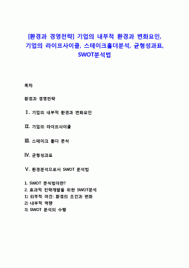 [환경과 경영전략] 기업의 내부적 환경과 변화요인, 기업의 라이프사이클, 스테이크홀더분석, 균형성과표, 환경분석으로서 SWOT 분석법-1페이지