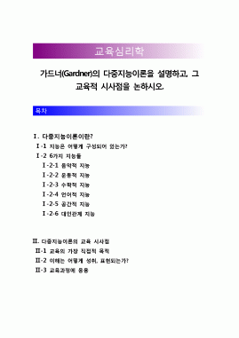 가드너(Gardner)의 다중지능이론을 설명, 그 교육적 시사점을 논하시오-1페이지