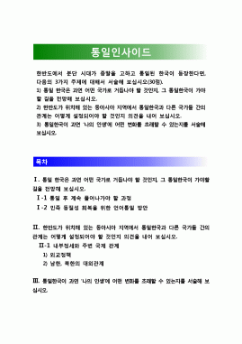 한반도에서 분단 시대가 종말을 고하고 통일된 한국이 등장한다면, 다음의 3가지 주제에 대해서 서술-1페이지