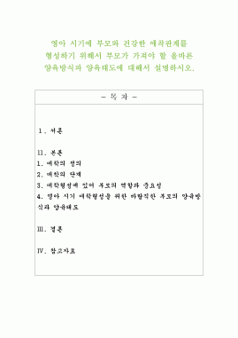 영아 시기에 부모와 건강한 애착관계를 형성하기 위해서 부모가 가져야 할 올바른 양육방식과 양육태도에 대해서 설명-1페이지