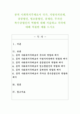 공적 사회복지주체로서 국가, 지방자치단체, 공공법인, 영조물법인, 공재단, 무자산 특수공법인의 역할에 대해 서술하고 각각에 대해 적절한 예를 드시오-1페이지