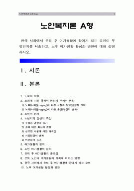 노인복지론A형]한국사회에서 은퇴 후 여가생활에 장애가 되는 요인이 무엇인지를 서술하고 노후 여가생활 활성화 방안에 대해 설명-은퇴후 여가생활, 노후여가생활, 노인여가생활활성화방안 (노인여가생활)-1페이지