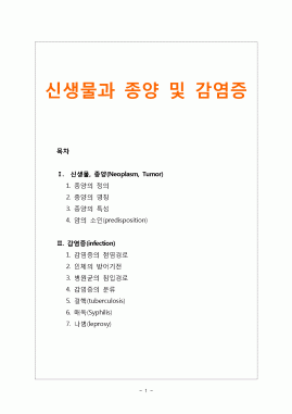 [병리학] 신생물과 종양 및 감염증(Neoplasm, Tumor, infection) - 종양의 정의와 명칭 및 특성, 암의 소인, 감염증의 점영경로, 인체의 방어기전, 병원균의 침입경로, 감염증의 분류, 결핵과 매독 및 나병-1페이지