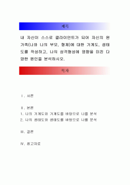 내 자신이 스스로 클라이언트가 되어 자신의 원가족(나와 나의 부모, 형제)에 대한 가계도, 생태도를 작성하고, 나의 성격형성에 영향을 미친 다양한 원인을 분석.-1페이지