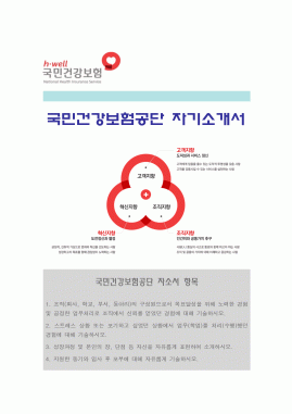 [국민건강보험공단 자기소개서] 2014 국민건강보험공단 자소서 합격샘플+면접질문기출문제, 국민건강보험공단지원동기, 국민건강보험공단 자소서, 국민건강보험공단 이력서 예문 : 국민건강보험-1페이지