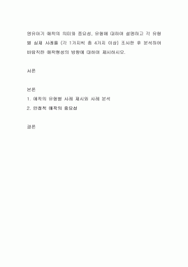 영유아기 애착의 의미와 중요성, 유형에 대하여 설명하고 각 유형별 실제 사례를 (각 1가지씩 총 4가지 이상) 조사한 후 분석하여 바람직한 애착형성의 방향에 대하여 제시.-1페이지