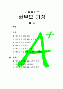 [가족복지론] 한부모 가정, 한부모 가족 (한부모 가정의 정의, 개념 및 분류, 발생원인, 특성, 법률, 사례 (한계점, 개선방안), 한부모 가족에 대한 정책적 지원, 양육지원, 심리적 지원)
-1페이지