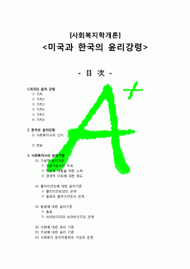 [프리미엄자료A++++++][사회복지학개론]- 미국과 한국의 윤리강령, 미국의 윤리강령, 한국의 윤리강령, 사회복지사의 윤리기준-1페이지