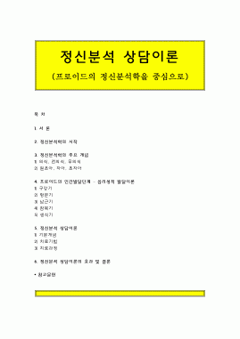 정신분석상담이론 - 프로이드의 정신분석학, 무의식의 개념과 성격구조(원초아,자아,초자아), 프로이드의 성격발달단계, 정신분석상담이론의 기본개념과 치료기법 치료과정 및 그 효과-1페이지