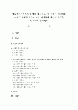 아동복지서비스의 유형을 제시하고,  각 유형에 해당되는 서비스 종류를 2가지 이상 제시하여 개념과 목적을 비교하여 논하시오 - 아동복지서비스-1페이지