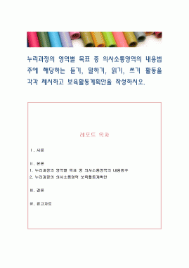 누리과정의 영역별 목표 중 의사소통영역의 내용범주에 해당하는 듣기, 말하기, 읽기, 쓰기 활동을 각각 제시하고 보육활동계획안을 작성.-1페이지