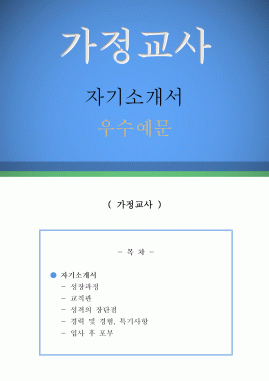 가정교사 자기소개서 우수예문(가정교사 자소서,기간제교사 자기소개서,가정선생 자기소개서,중학교교사 자소서,고등학교교사 합격예문,가정교사 우수예문,중고등학교 자소서 잘쓴예,샘플)-1페이지