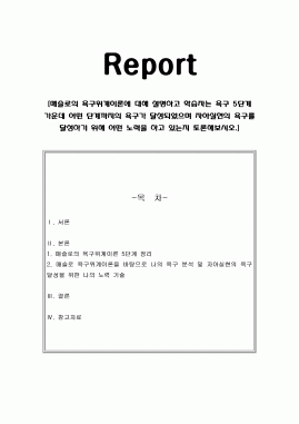 매슬로의 욕구위계이론에 대해 설명하고 학습자는 욕구 5단계 가운데 어떤 단계까지의 욕구가 달성되었으며 자아실현의 욕구를 달성하기 위해 어떤 노력을 하고 있는지 토론해보시오.-1페이지