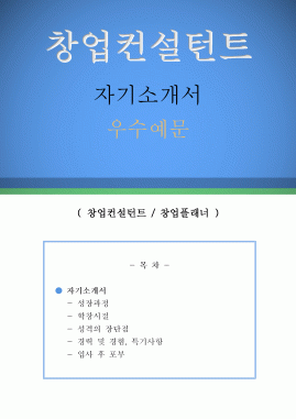 창업컨설턴트 자기소개서 우수예문 (창업컨설턴트 자소서,창업플래너 자기소개서,창업지원 자기소개서, 창업상담 자소서, 합격예문,잘쓴예,자소서 샘플)-1페이지