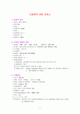 [여성간호학실습] PROM (Premature Rupture of Membranes) 조기양막파수 케이스 스터디(CaseStudy) - <<임부의 산전 간호>> & <<자연질식분만 산모 간호>>
-1페이지