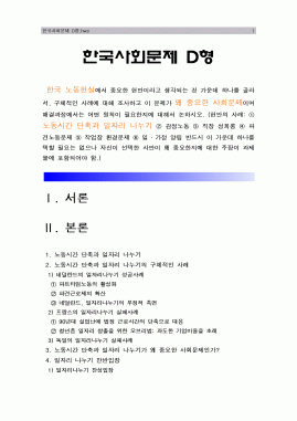 (한국사회문제D형) 한국노동현실에서 중요한 현안이라고 생각되는것 가운데 (노동시간단축 일자리나누기) 구체적인 사례, 이 문제가 왜 중요한 사회문제이며 해결과정 원칙,노동시간 단축과 일자리 나누기-1페이지