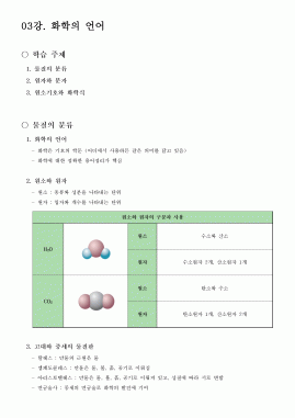 [화학1 개념 정리 자료] 03강 화학의 언어 {물질의 분류, 원자와 분자 원소기호와 화학식}-1페이지