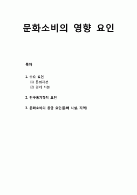 문화文化소비의 영향 요인에 대한 이해 - 수요 요인(문화자본, 경제 자본), 인구통계학적 요인, 문화소비의 공급 요인(문화 시설, 지역)-1페이지