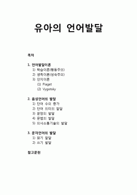 
[영유아발달] ≪유아의 언어발달(言語發達)≫ 언어발달이론(학습이론,생득이론,인지이론) & 음성언어의 발달(단어,문장,문법,의사소통기술의 발달) & 문자언어의 발달(읽기 발달,쓰기 발달)-1페이지