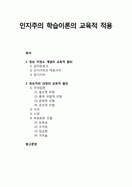 [교육심리학] ≪인지주의 학습이론(認知主義 學習理論)의 교육적 적용≫ 정보 저장소 개념의 교육적 함의(감각등록기,단기기억과 작동기억,장기기억), 정보처리 과정의 교육적 함의(주의집중,지각,시연,부호화와 인-1페이지