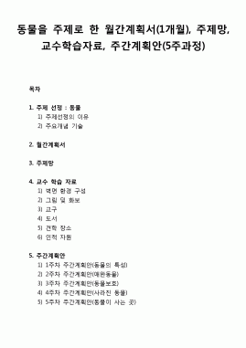 동물動物을 주제로 한 월간계획서(1개월), 주제망, 교수학습자료, 주간계획안(5주과정-동물의 특성, 애완동물, 동물보호, 사라진 동물, 동물이 사는 곳)-1페이지