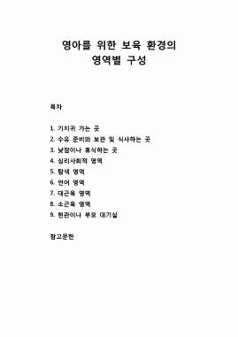 [보육학개론] 영아嬰兒를 위한 보육 환경의 영역별 구성 (기저귀 가는 곳, 수유 및 식사하는 곳, 낮잠 및 휴식하는 곳, 심리사회적 영역, 탐색 영역, 언어 영역, 대근육 영역, 소근육 영역, 현관, 부모 대기실-1페이지