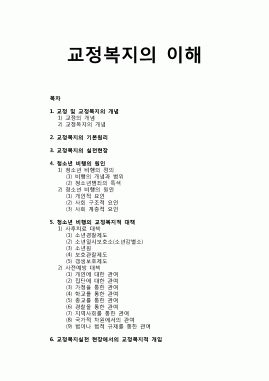 [사회복지개론] 교정복지(矯正福祉)의 이해 - 교정 및 교정복지의 개념과 기본원리, 실천현장, 청소년 비행 원인과 교정복지적 대책(사후치료 대책, 사전예방 대책), 교정복지실천 현장에서의 교정복지적 개입-1페이지