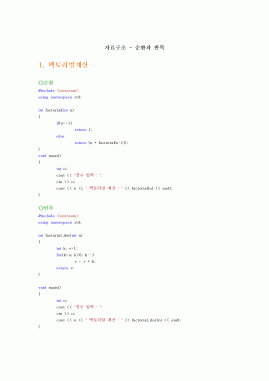 자료구조 - 순환과 반복 {팩토리얼계산,예제프로그램 함수p(),최대 공약수,Horner\s Rule,거듭제곱,피보나치 수열 }-1페이지