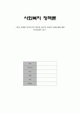 [사회복지 정책론] 한국 사회에 복지국가가 필요한 10가지 이유를 책 참조하여 정리 & 다양한 자료(뉴스기사,칼럼,정부 및 연구기관 발표 자료,논문) 토대로 사회를 암울하게 만드는 문제를 보여주는 최신 통계 5개-1페이지