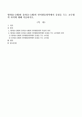 영아(0~2세)와 유아(3~5세)의 언어활동영역에서 중점을 두는 교수법의 차이에 대해 서술하시오.-1페이지