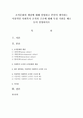 조직문화의 개념에 대해 설명하고 본인이 생각하는 이상적인 사회복지 조직의 구조에 대해 특정 기관을 예로 들어 설명 [조직문화]-1페이지