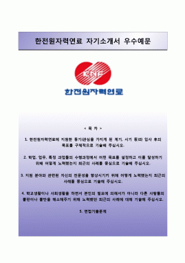 한전원자력연료 韓電原子力燃料 자기소개서 / 한전원자력연료 NCS기반채용 자소서 ±면접예상문제 [한전원자력연료자기소개서§한전원자력연료자소서] 이력서 레포트 우수예문-1페이지