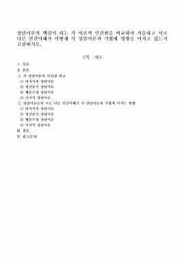 [사회과학] 상담이론의 핵심이 되는 각 이론의 인간관을 비교하여 서술하고 서로 다른 인간이해가 어떻게 각 상담이론과 기법에 영향을 미치고 있는지 고찰하시오.-1페이지