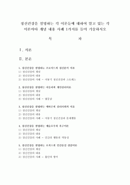 정신건강을 설명하는 각 이론들에 대하여 알고 있는 각 이론마다 개념 내용 사례 1가지를 들어 기술 - 정신건강-1페이지