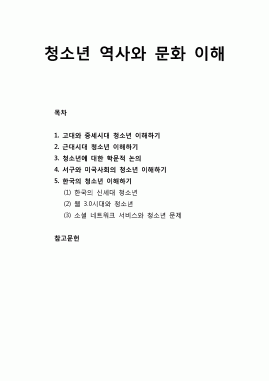 [청소년문제와 보호] 청소년 역사와 문화 이해 - 시대별 청소년,고대와 중세시대 청소년 이해, 근대시대 청소년 이해, 서구와 미국사회의 청소년 이해, 한국의 청소년 이해(한국의 신세대 청소년, 웹 3.0시대와 청소-1페이지