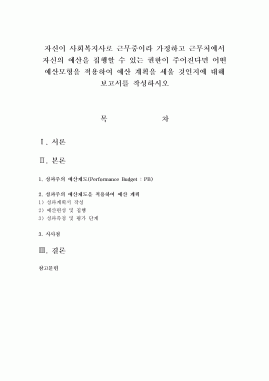 자신이 사회복지사로 근무중이라 가정하고 근무처에서 자신의 예산을 집행할 수 있는 권한이 주어진다면 어떤 예산모형을 적용하여 예산 계획을 세울 것인지에 대해 보고서를 작성 (예산모형)-1페이지