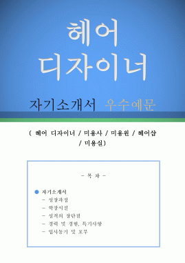 헤어 디자이너 자기소개서 우수예문 (헤어디자이너 자소서,미용사 자기소개서,미용원 자소서,헤어샵 합격예문,미용실 잘쓴예,헤어 디자이너 자소서,미용실 스텝,헤어 스타일리스트 이력서)-1페이지