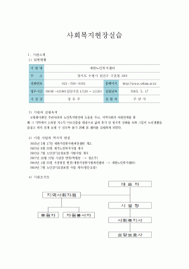 [사회복지기관 실습] 경기도 수원시 세한노인복지센터 사회복지 실습 {기관소개, 기관의 주요사업내용, 실습내용, 기관의 사회복지사의 역할, 실습평가}-1페이지