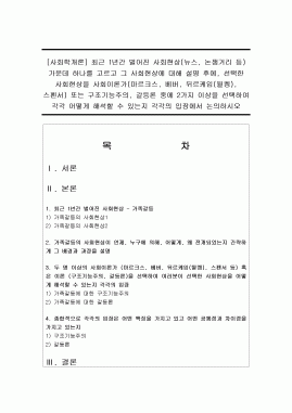 [사회학개론] 최근 1년간 벌어진 사회현상(뉴스,  논쟁거리 등) 가운데 하나를 고르고 그 사회현상에 대해 설명 후에,  선택한 사회현상을 사회이론가(마르크스,  베버,-1페이지