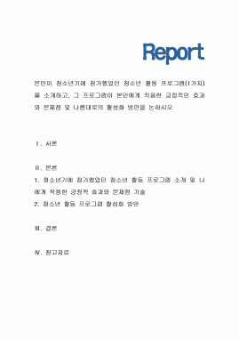 본인이 청소년기에 참가했었던 청소년 활동 프로그램(1가지)를 소개하고, 그 프로그램이 본인에게 작용한 긍정적인 효과와 문제점 및 나름대로의 활성화 방안을 논하시오-1페이지