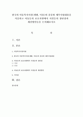 한국의 아동복지시설(생활,  이용)의 종류와 세부사업내용을 서술하고 아동들의 보호차원에서 시설들의 장단점과 개선방안들을 논의해보시오 [아동복지시설]-1페이지