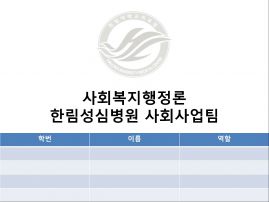 (사회복지행정론) 한림성심병원 사회사업팀 소개, 의료사회복지 현장의 개선점, 한림성심병원 인사, 한림성심병원 재정, 한림성심병원 정보 소개,의료사회복지 현장의 개선점-1페이지