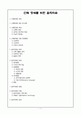 추천자료[신체장애를 위한 음악치료] 신체장애의 정의, 신체장애 종류, 신체장애 특정, 음악치료 목적, 음악치료 적용, 음악치료 효과-1페이지